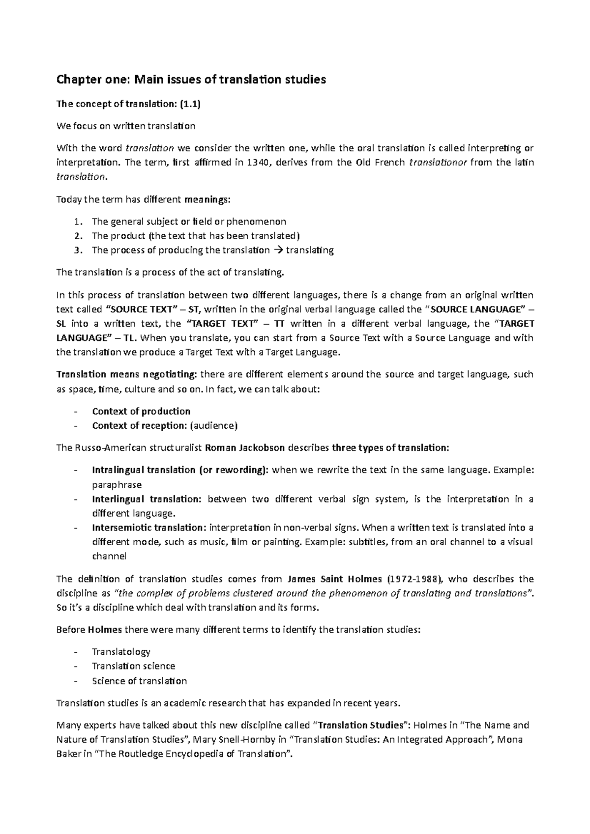 Riassunto Introducing Translation Studies - Chapter one: Main issues of ...