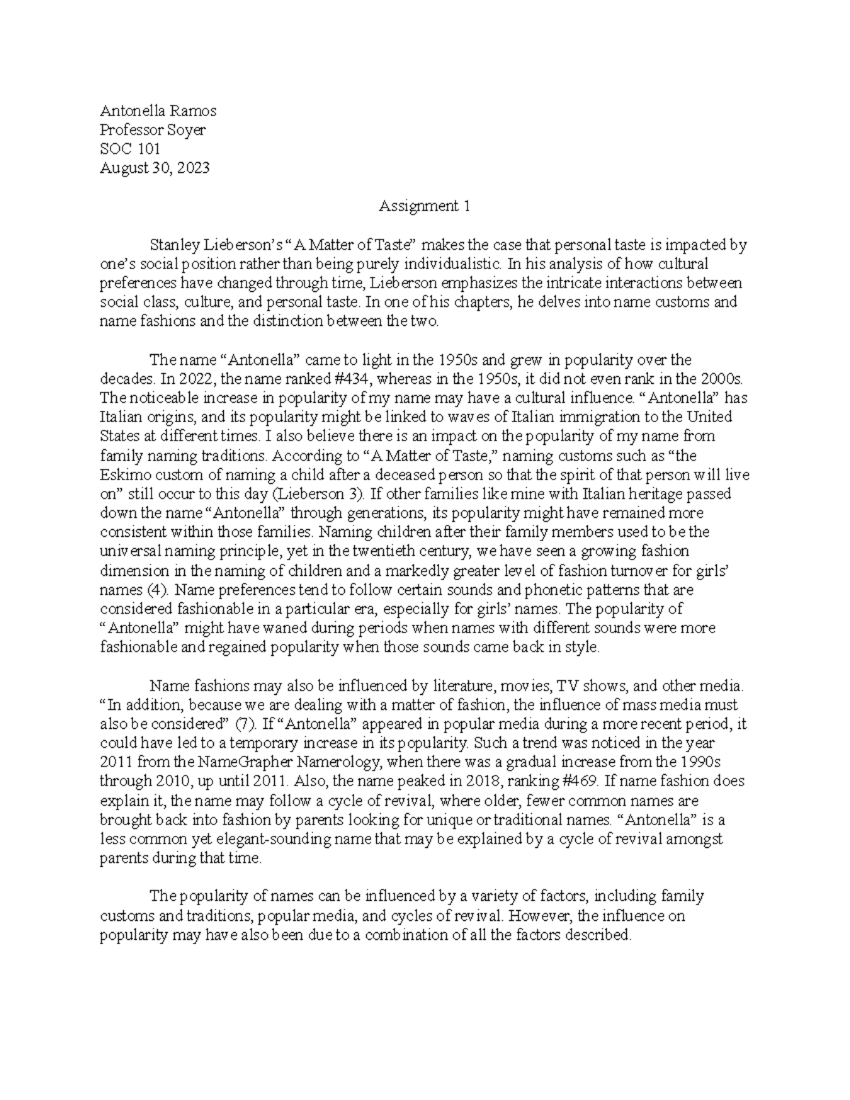 SOC101-Assignment 1 - prof soyer - Antonella Ramos Professor Soyer SOC ...