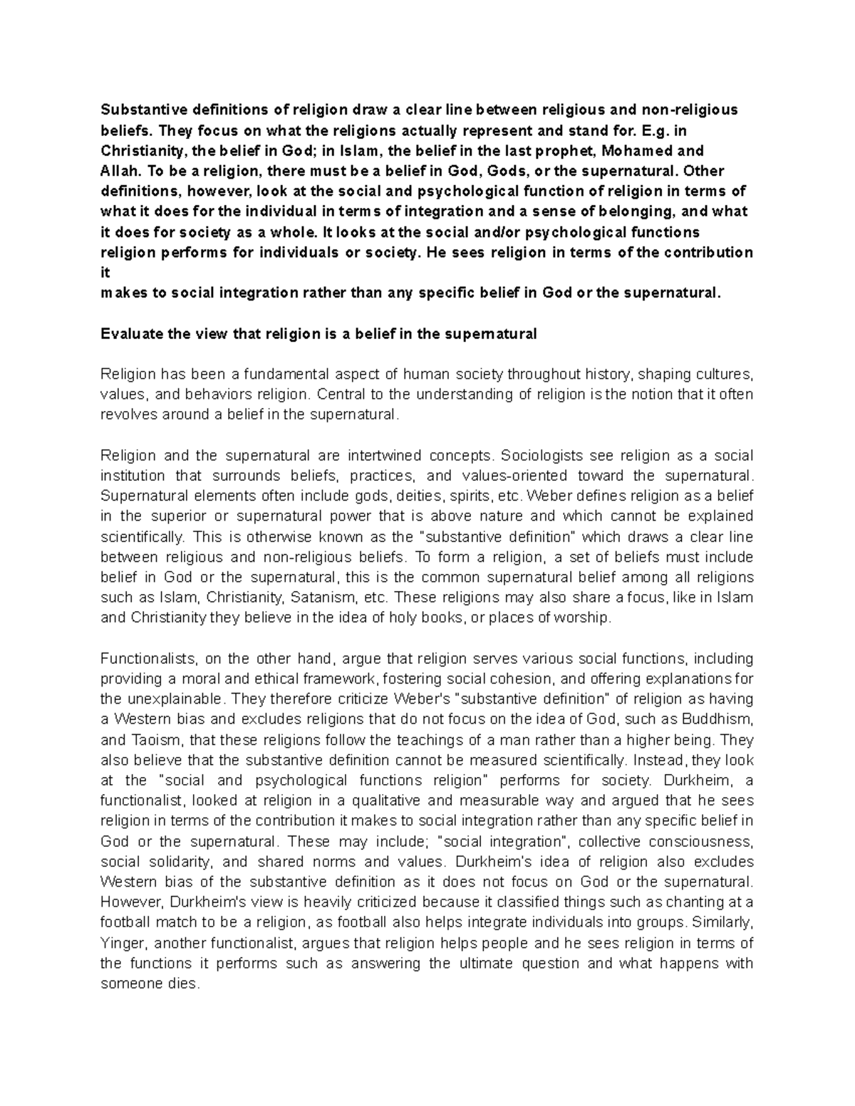 Sociology summer hw essay - Substantive definitions of religion draw a ...