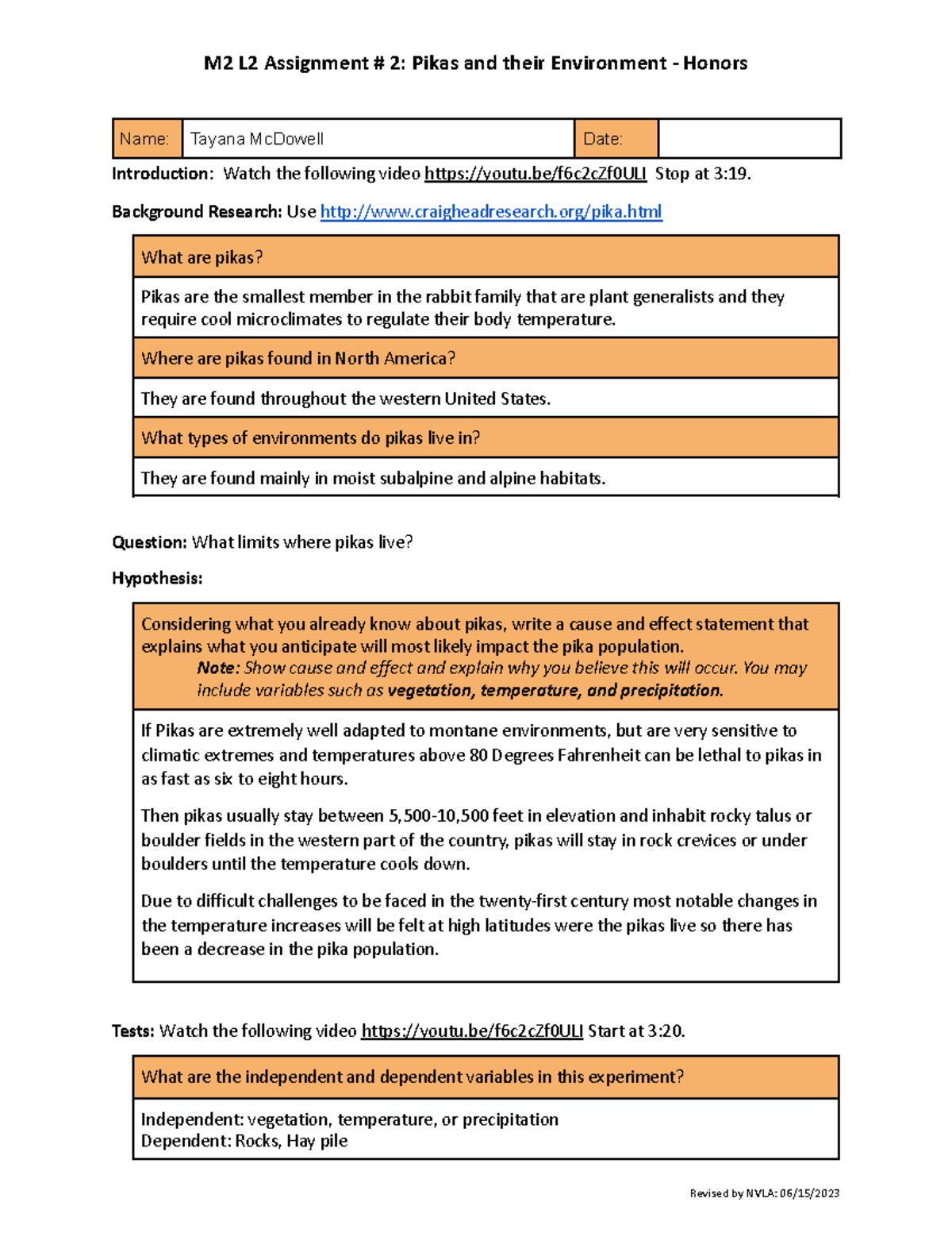 Copy of M2 L2 Assignment # 2 Pikas and Their Environment - Honors - Name: Tayana McDowell Date ...
