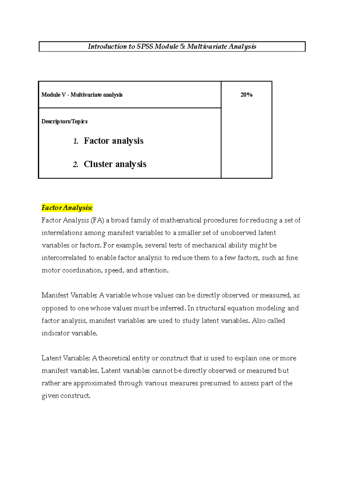 SPSS Module 5 - notes - Introduction to SPSS Module 5: Multivariate ...