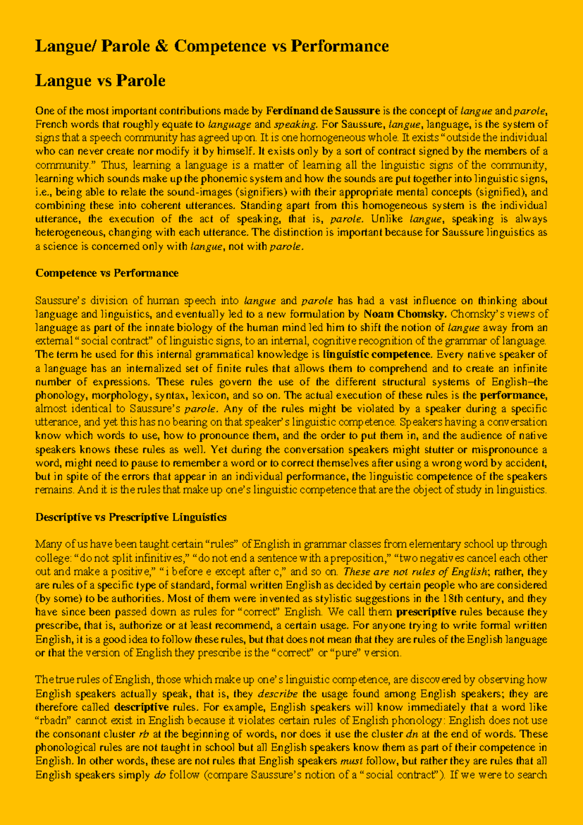 Languevs Parole & Competence vs Performance - Langue/ Parole ...