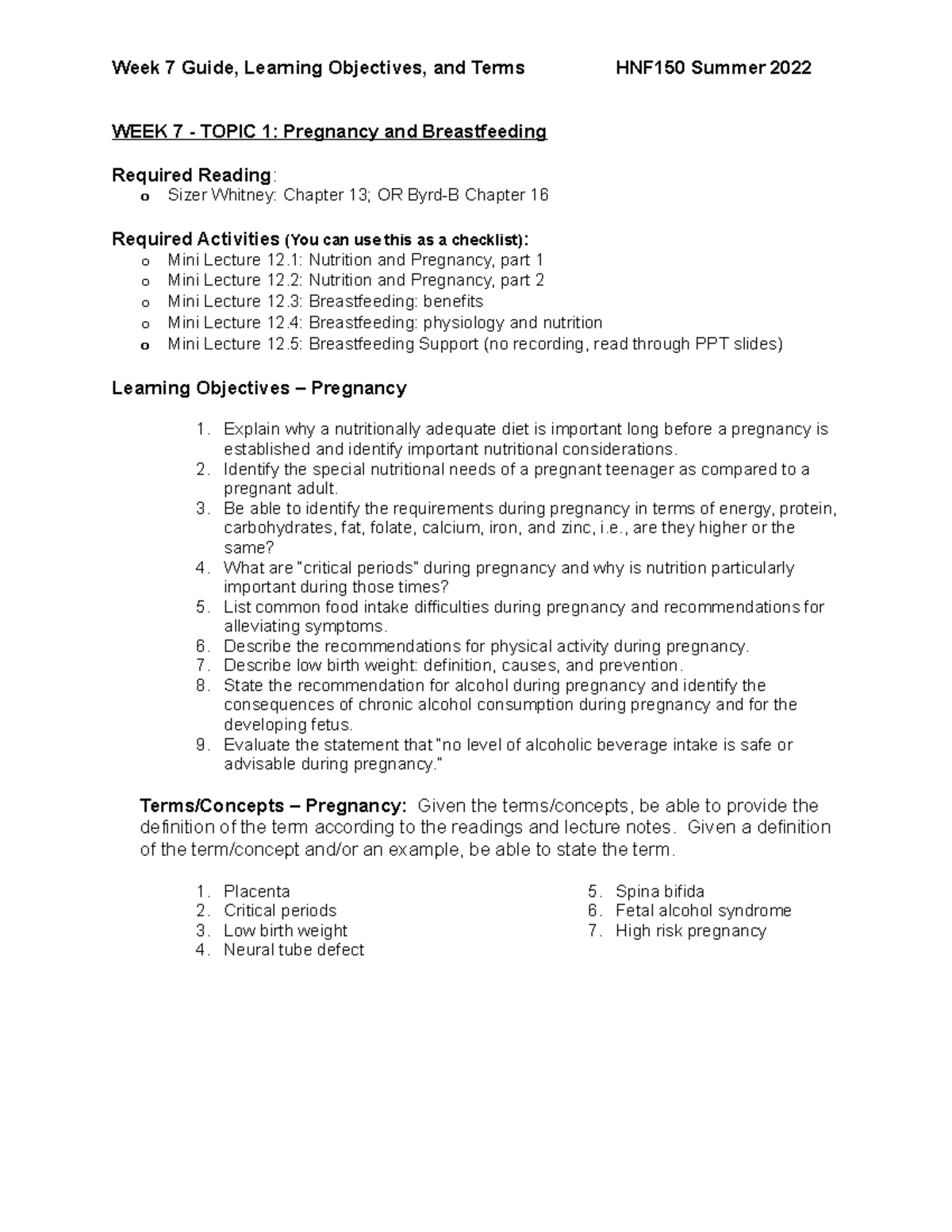 W7 Content Guide - Week 7 Guide, Learning Objectives, and Terms HNF150 ...