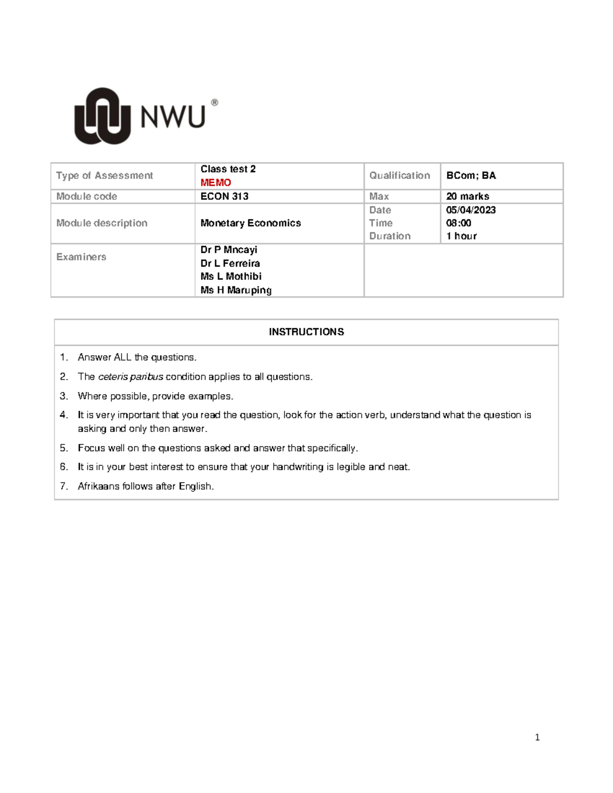 ECON 313 Test 2 Memorandum - Type of Assessment Class test 2 MEMO ...