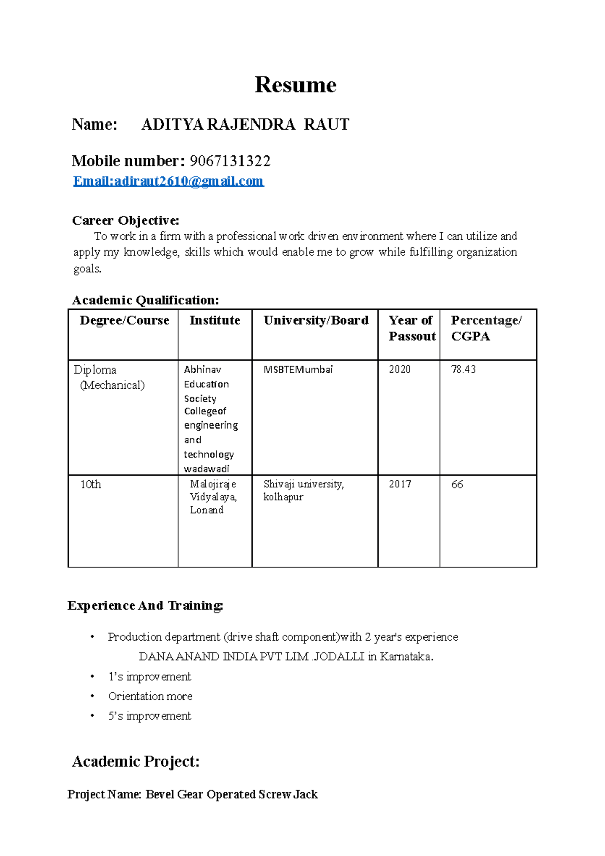 Aditya raut - new notes - Resume Name: ADITYA RAJENDRA RAUT Mobile ...