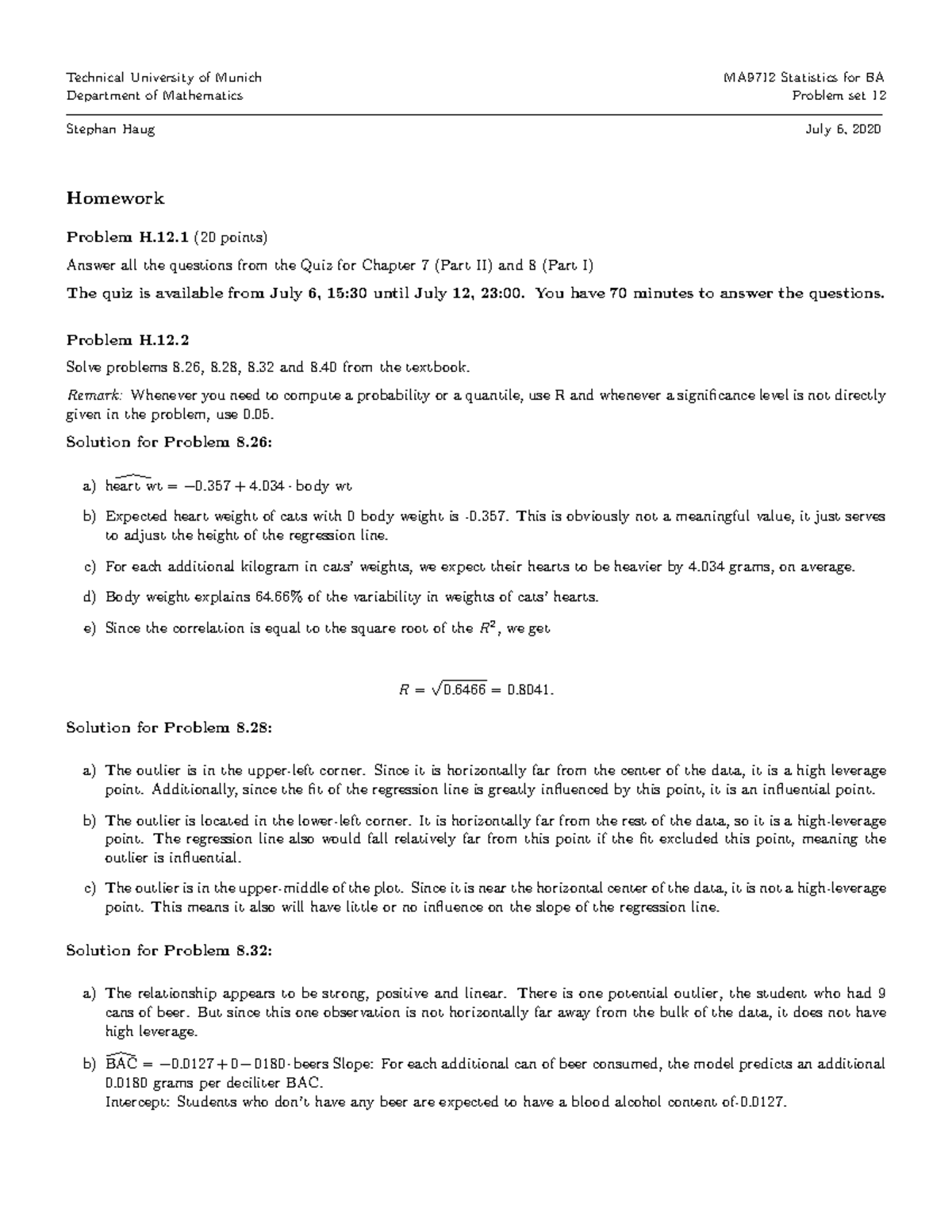 Problem set 12 s - Technical University of Munich MA9712 Statistics for ...
