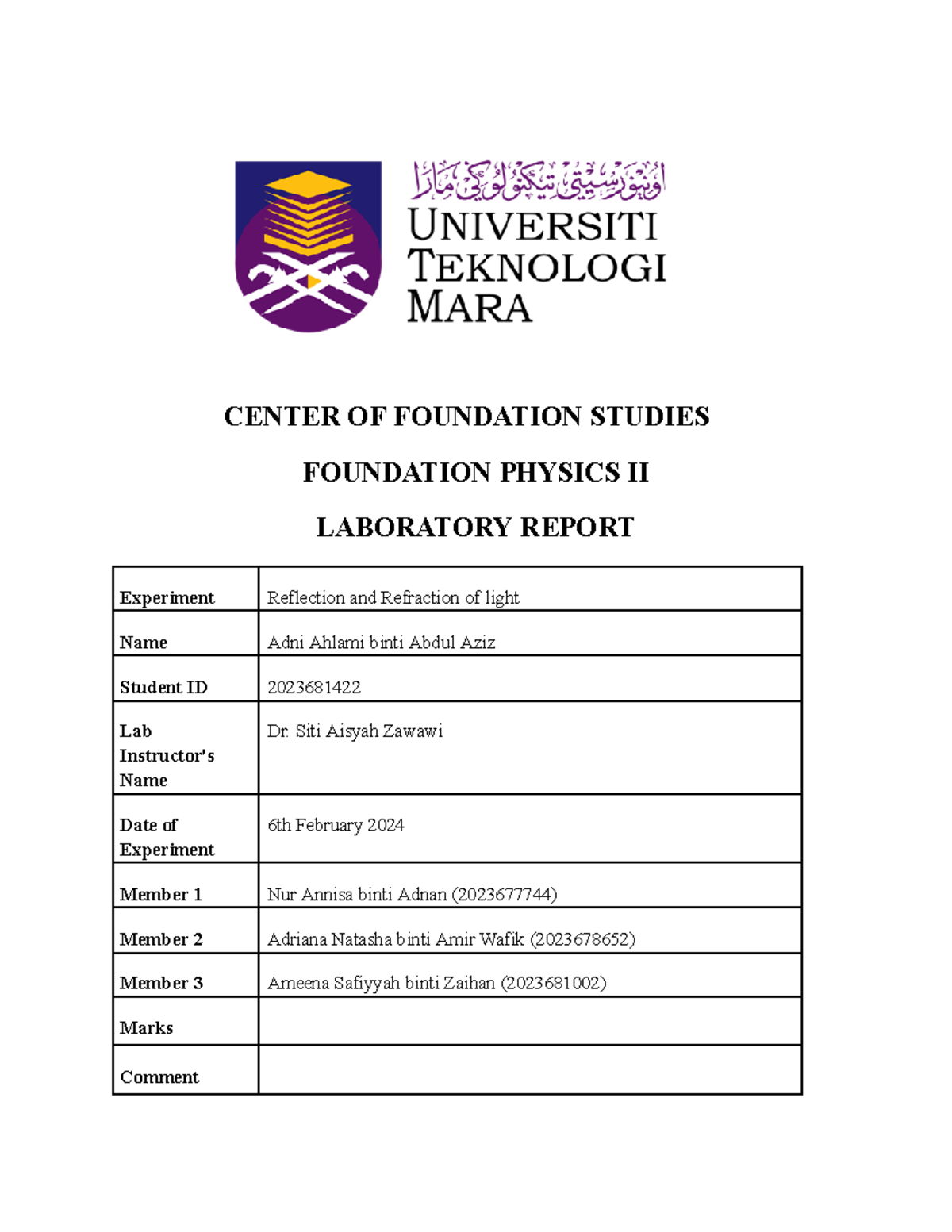 EXP Physics Reflection AND Refraction - CENTER OF FOUNDATION STUDIES FOUNDATION PHYSICS II - Studocu