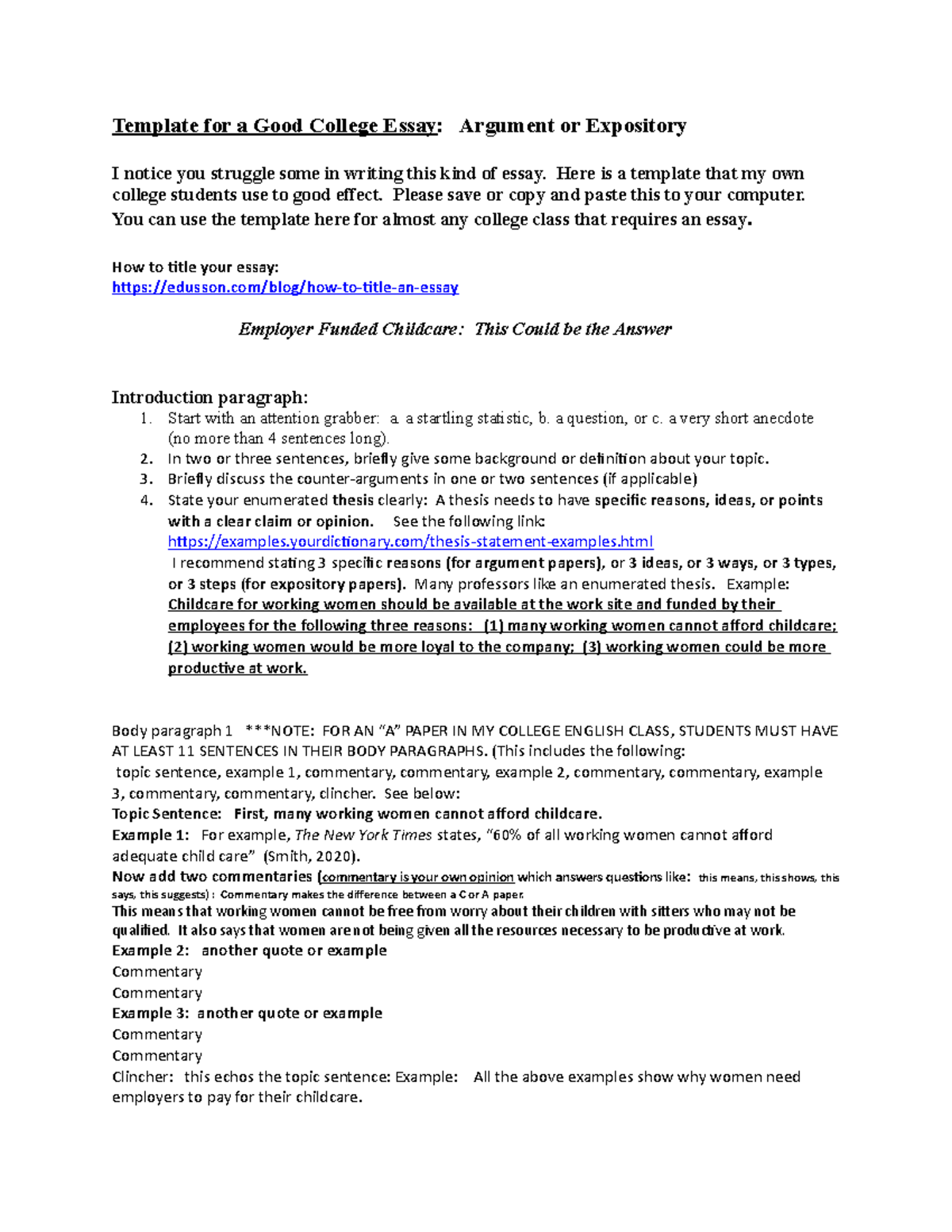 Template for a Good College Essay: Argument or Expository - Studocu