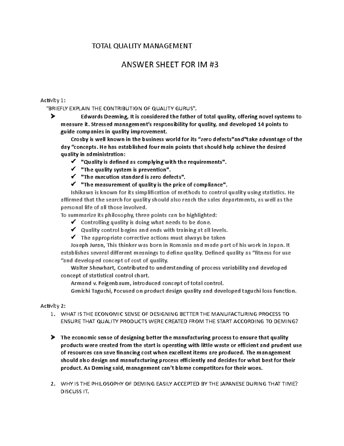 Total Quality Management Learning Activity NO - TOTAL QUALITY ...
