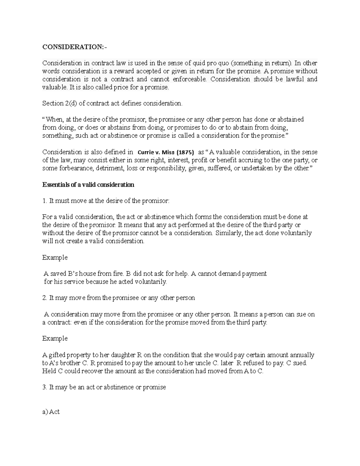 Consideration - Lecture notes 1 - CONSIDERATION:- Consideration in ...