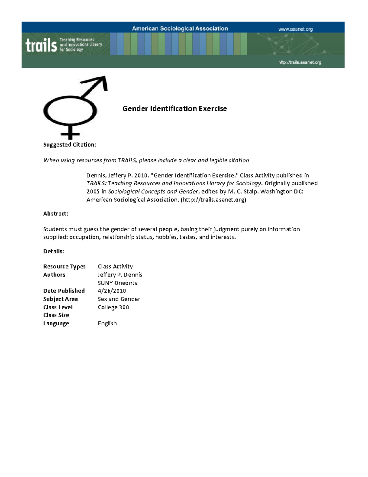 Gender Identification Exercise - Gender Identification Exercise ...