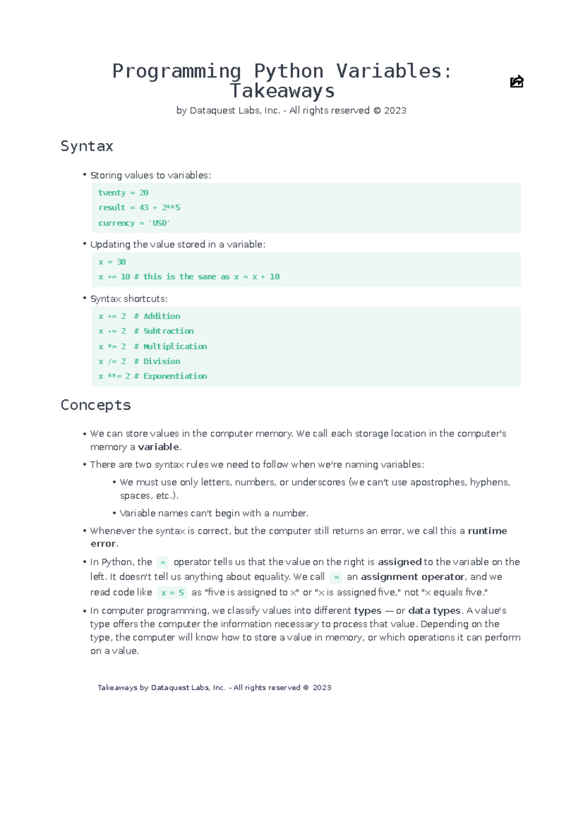 PDF 2 - Notes - Programming Python Variables: Takeaways by Dataquest ...