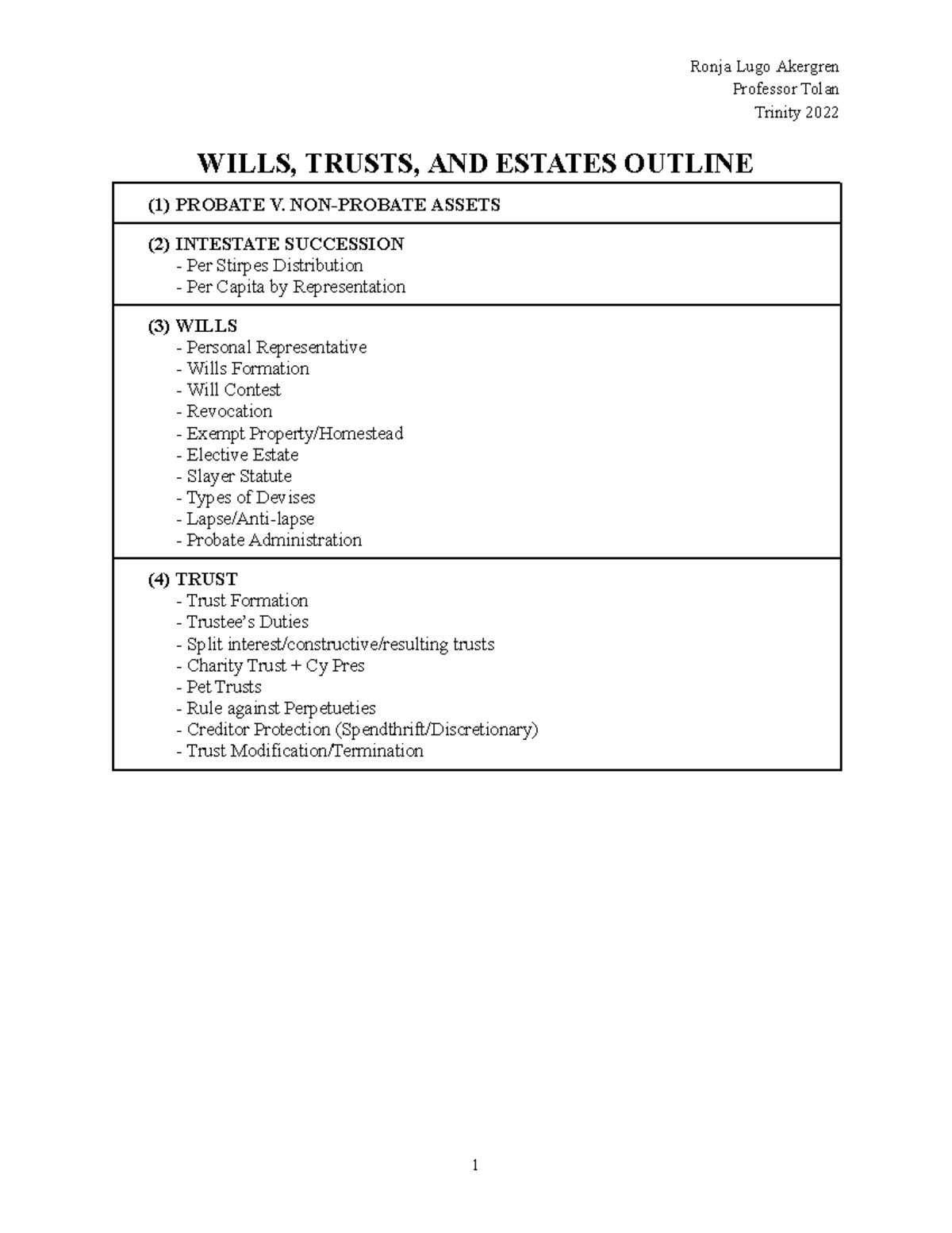 Wills, Trusts, Estate Outline (1) (3) - Professor Tolan Trinity 2022 ...