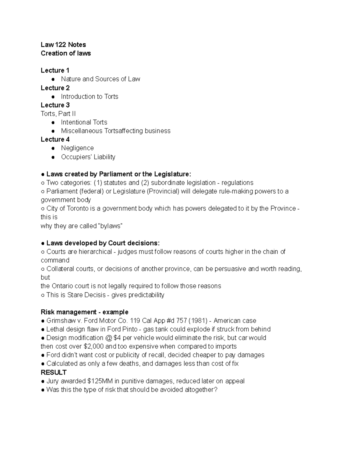Law 122 Notes - chapter 1-5 - Law 122 Notes Creation of laws Lecture 1 ...