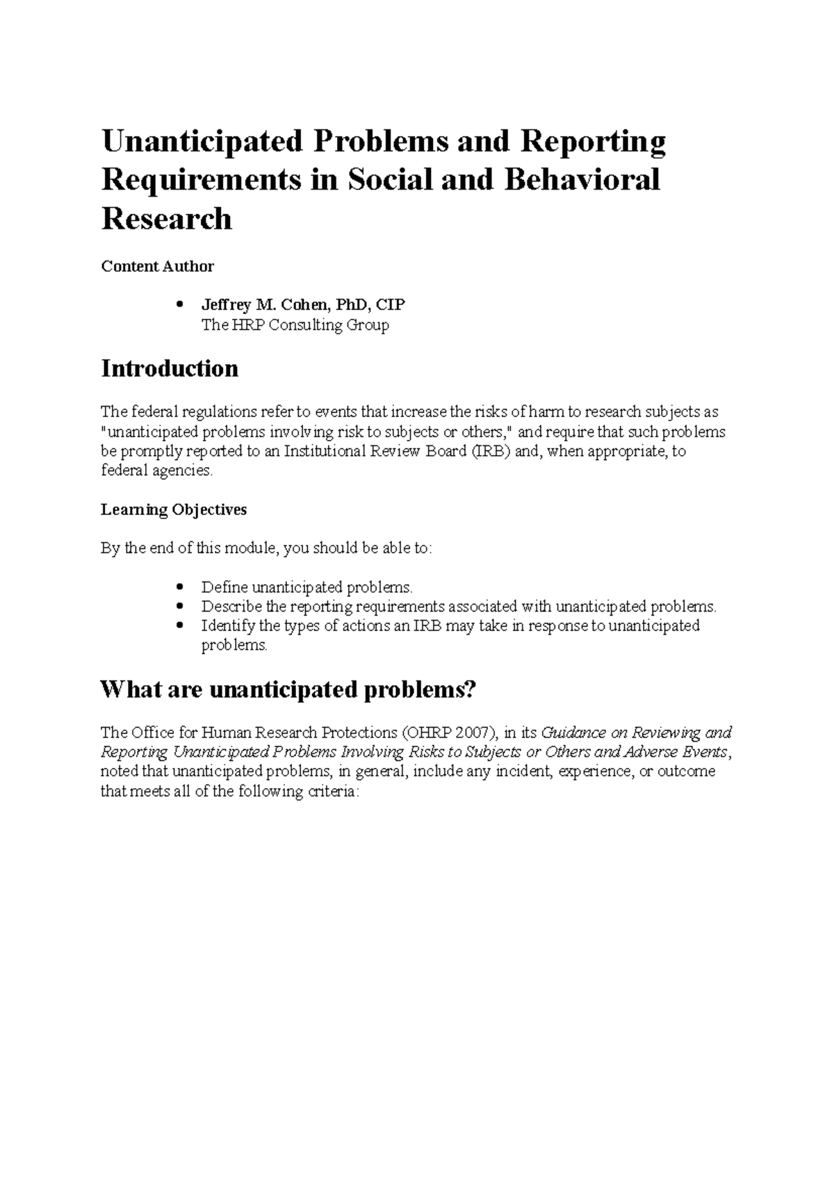 Unanticipated Problems and Reporting Requirements in Social and ...