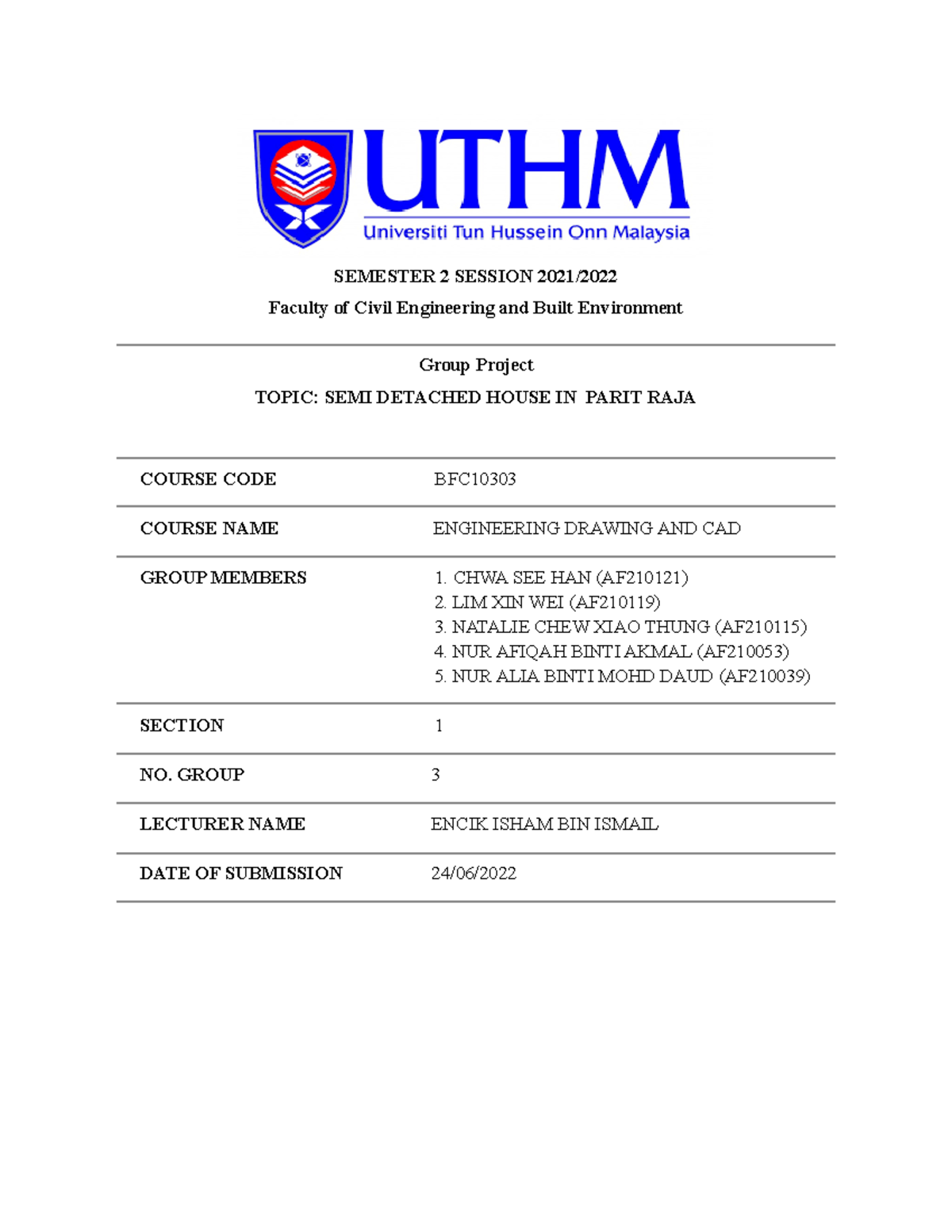 AutoCAD Group Project Final Report - SEMESTER 2 SESSION 2021/ Faculty ...
