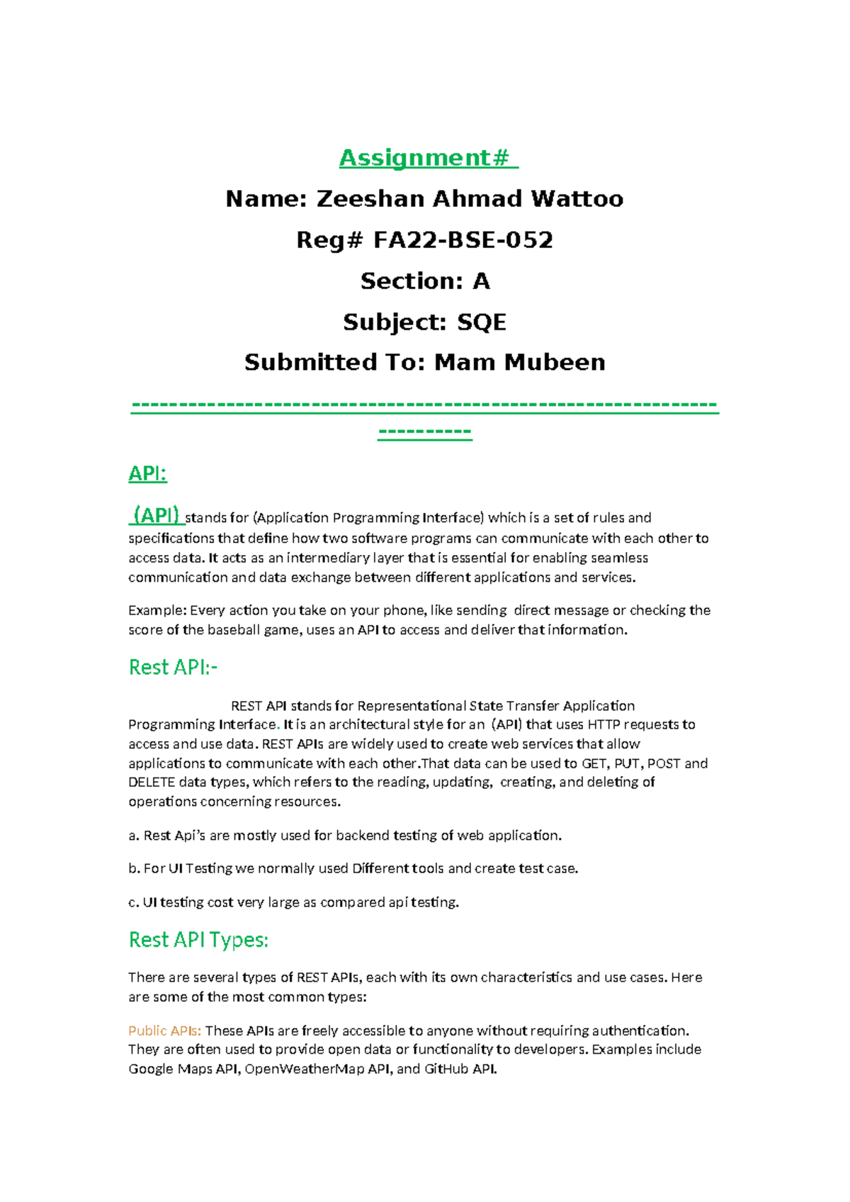 Zeeshan SQE - Assignment# Name: Zeeshan Ahmad Wattoo Reg# FA22-BSE- Section: A Subject: SQE ...