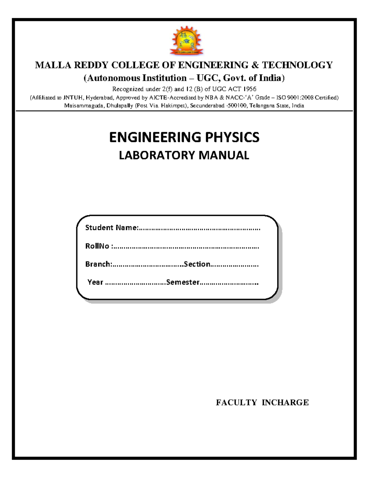 New phy che manual - Jsjskakwk - MALLA REDDY COLLEGE OF ENGINEERING ...