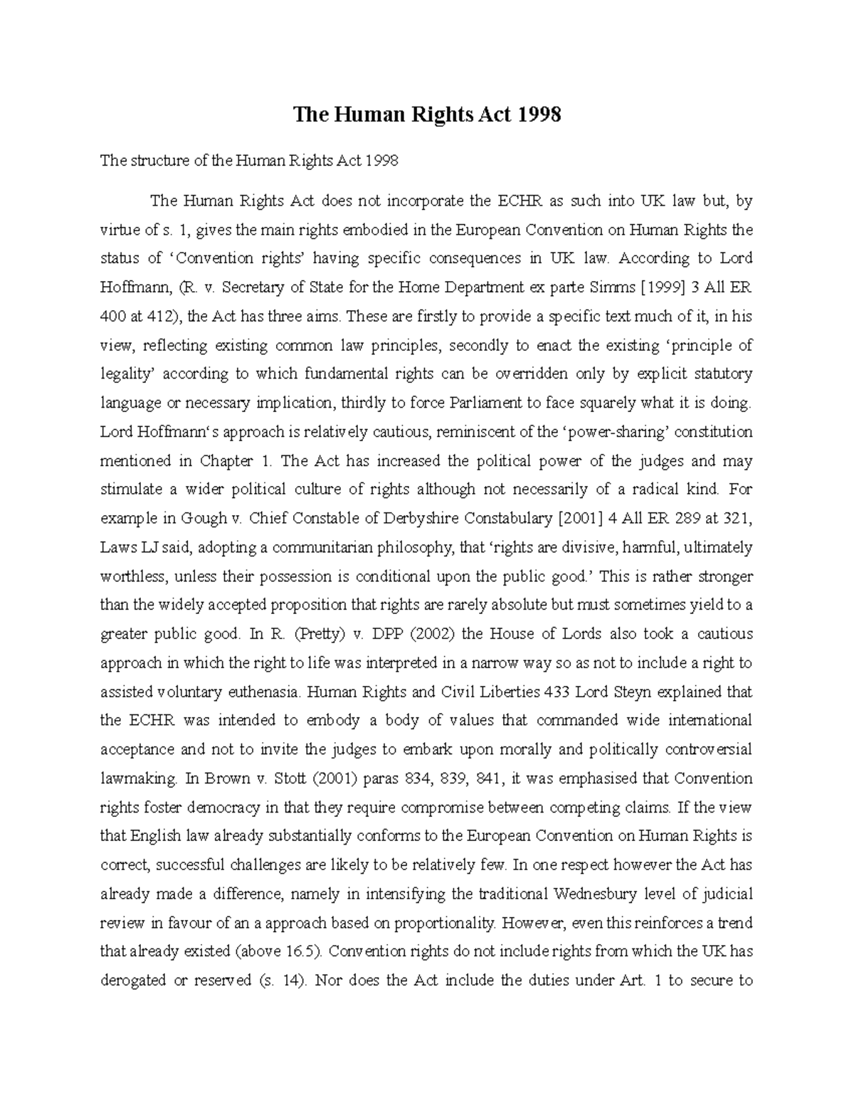 The Human Rights Act 1998 - The Human Rights Act 1998 The structure of ...