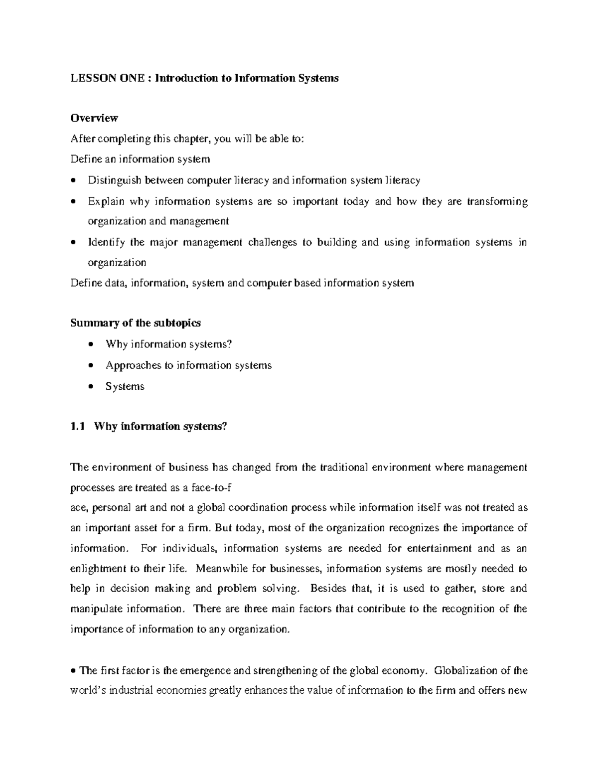 Lesson ONE MIS - Management Information Systems - LESSON ONE ...