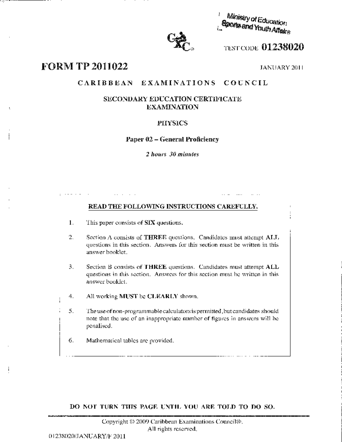 Exam 2011, questions - qb. ,_{ffi| rESr coDE FORM TP 2OILO22 01238020 ...