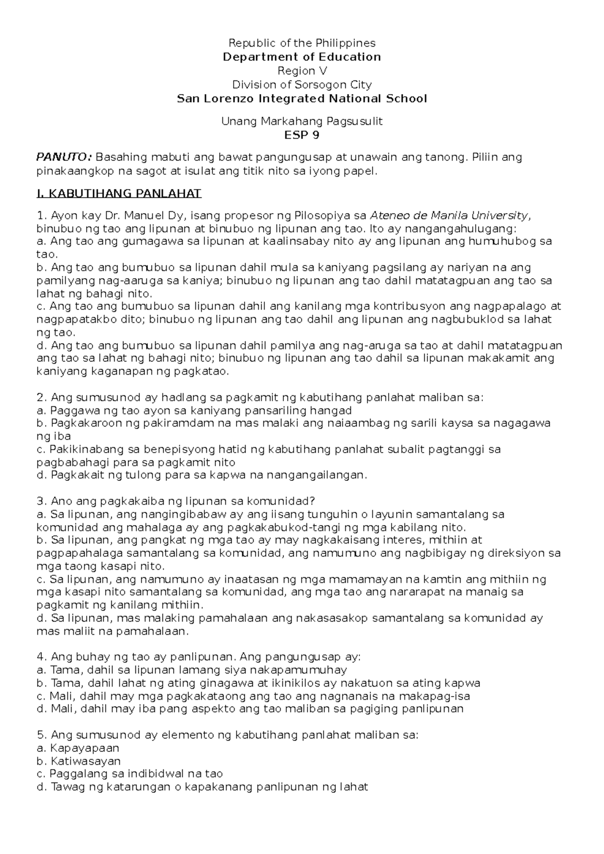 Unang Markahang Pagsusulit (ESP9) - Republic of the Philippines ...