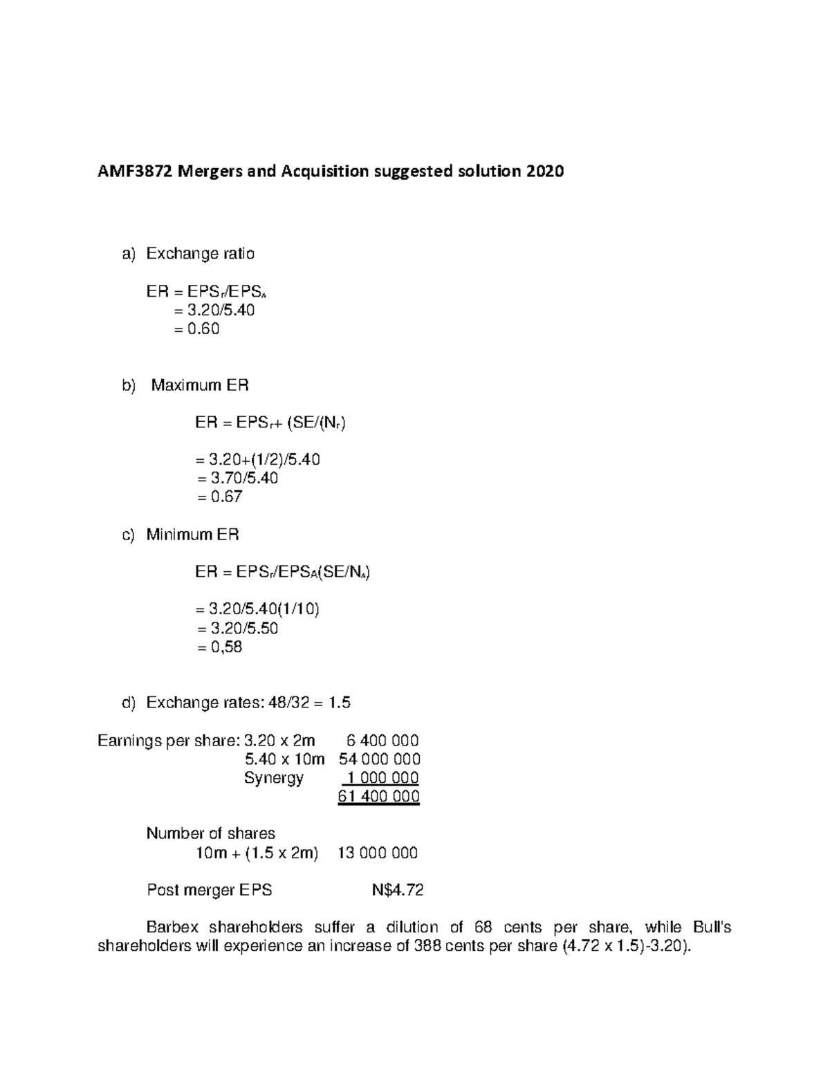 Class exercise Merger and Acquistions solution - AMF3872 Mergers and ...