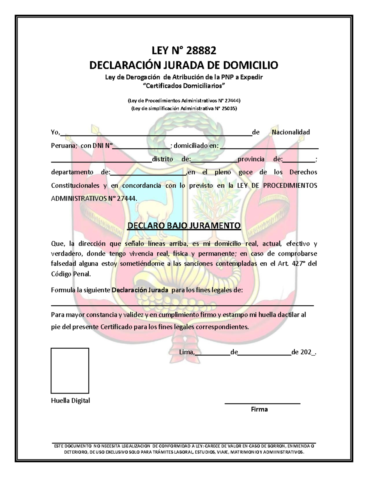 2.- Formatos LAP - QUE DEBE Llenar - LEY N° 28882 DECLARACIÓN JURADA DE DOMICILIO Ley de ...