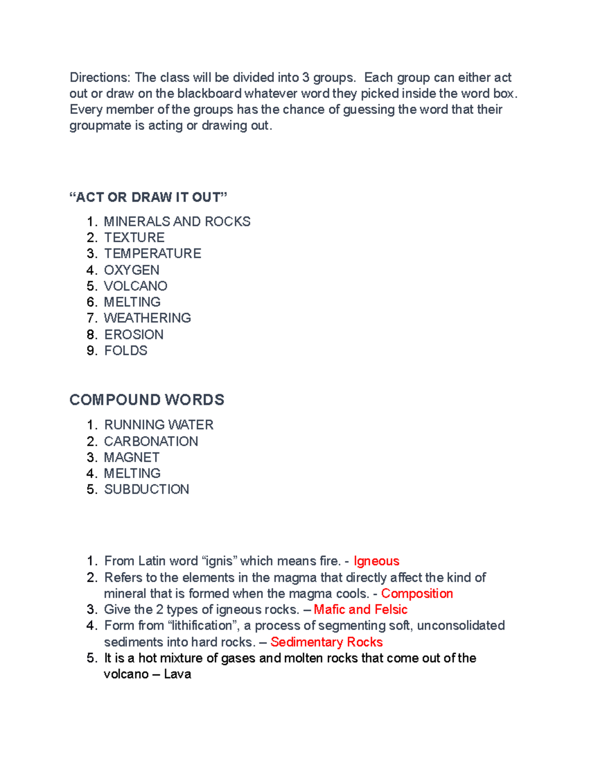 Activity - Directions: The class will be divided into 3 groups. Each ...