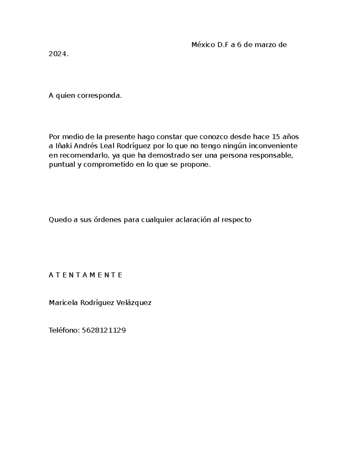 Carta de recomendacion 1 - derecho administrativo - México D a 6 de ...