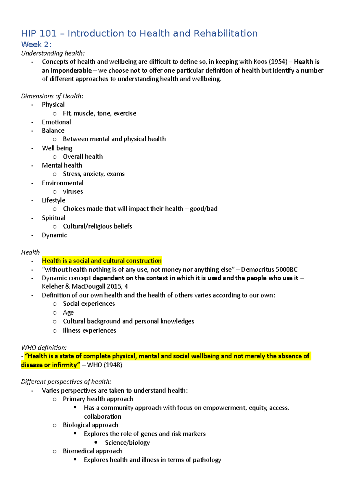 HIP 100 Lecture notes - HIP 101 – Introduction to Health and ...