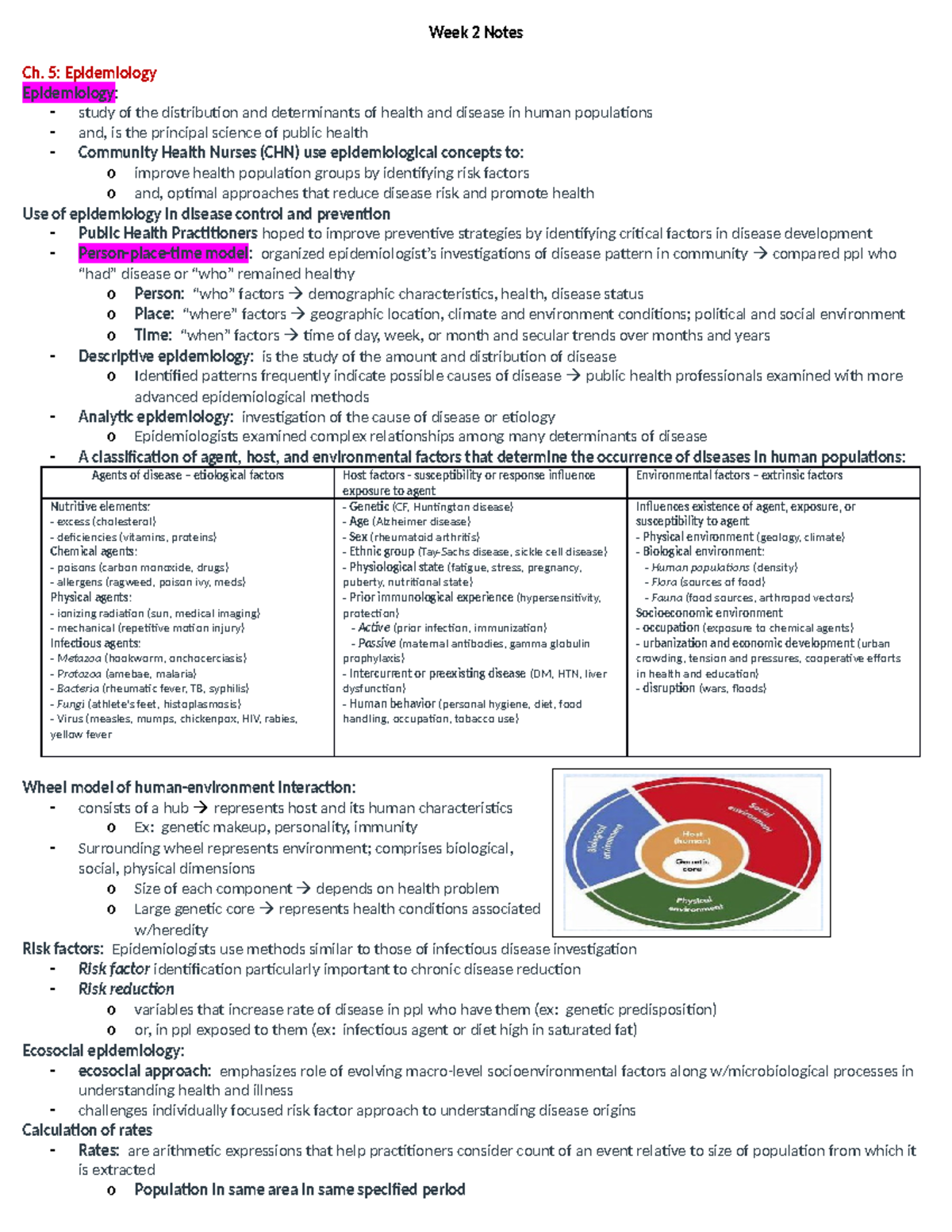 Week 2 Notes - Week 2 Notes Ch. 5: Epidemiology Epidemiology: - study ...