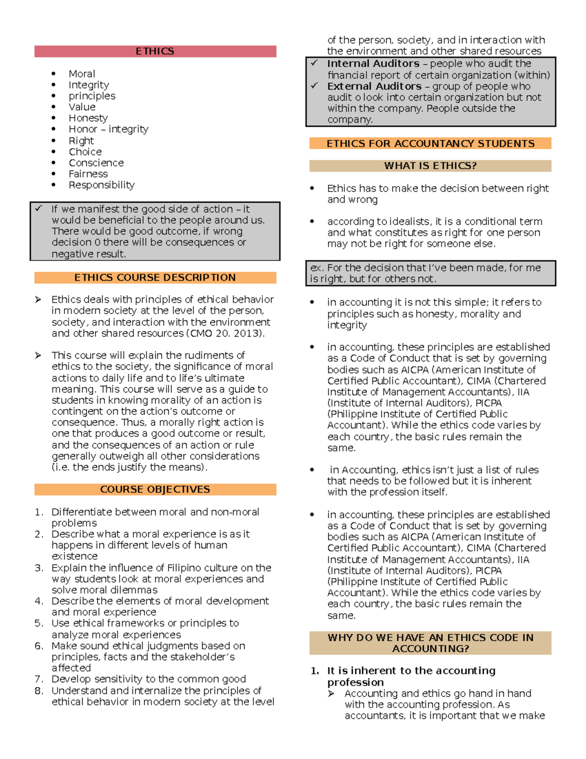 Lecture 1- Ethics - ETHICS Moral Integrity principles Value Honesty ...
