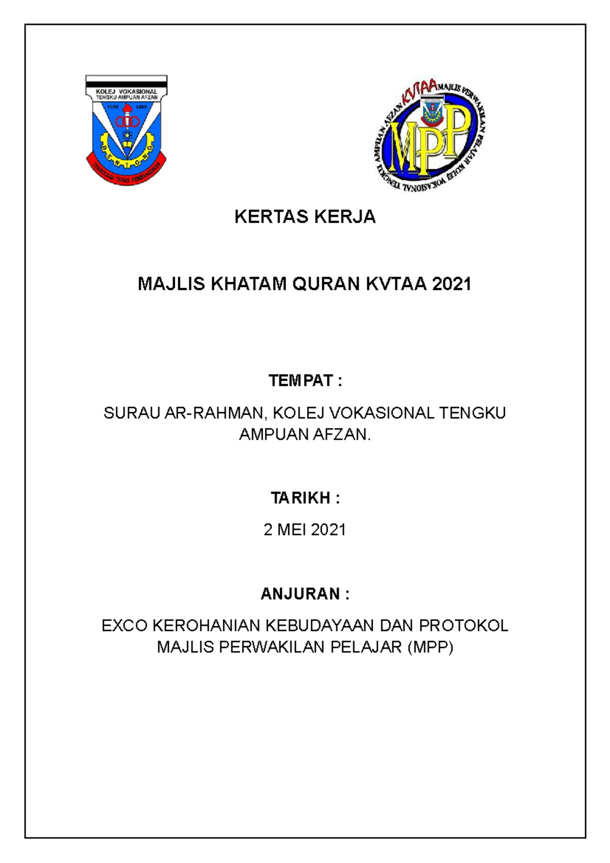 Kertas Kerja Majlis Khatam Quran - KERTAS KERJA MAJLIS KHATAM QURAN ...