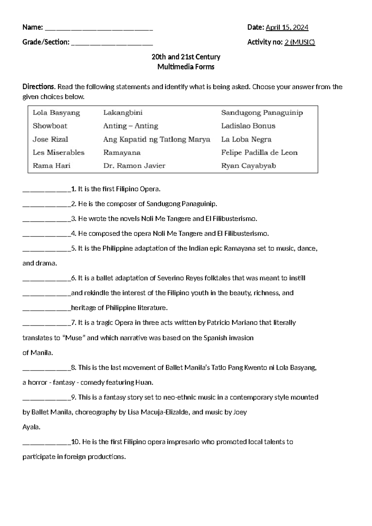 LAS Music 10 Activity 2and3 - Name: _____________________________ Date ...