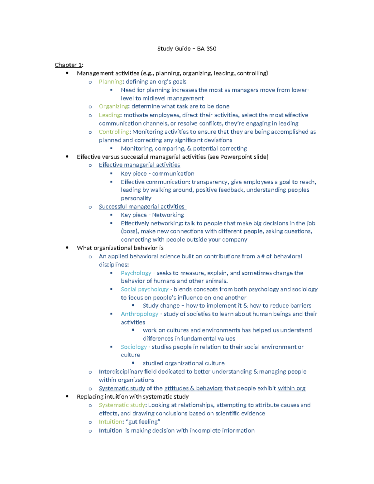 BA350 Study Guide - Study Guide – BA 350 Chapter 1: Management ...
