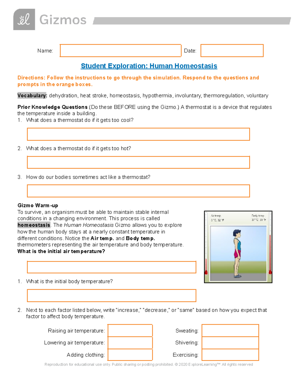 Human Homeostasis - Gizmos worksheet - Name: Date: Student Exploration ...