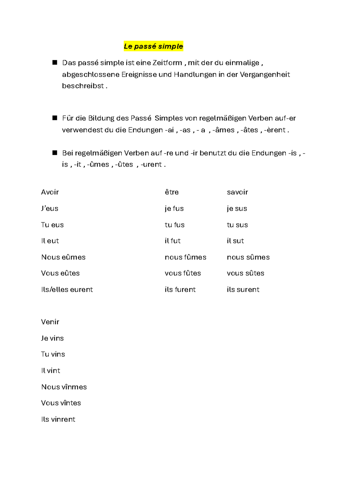 Le passé simple - Le passé simple Das passé simple ist eine Zeitform ...