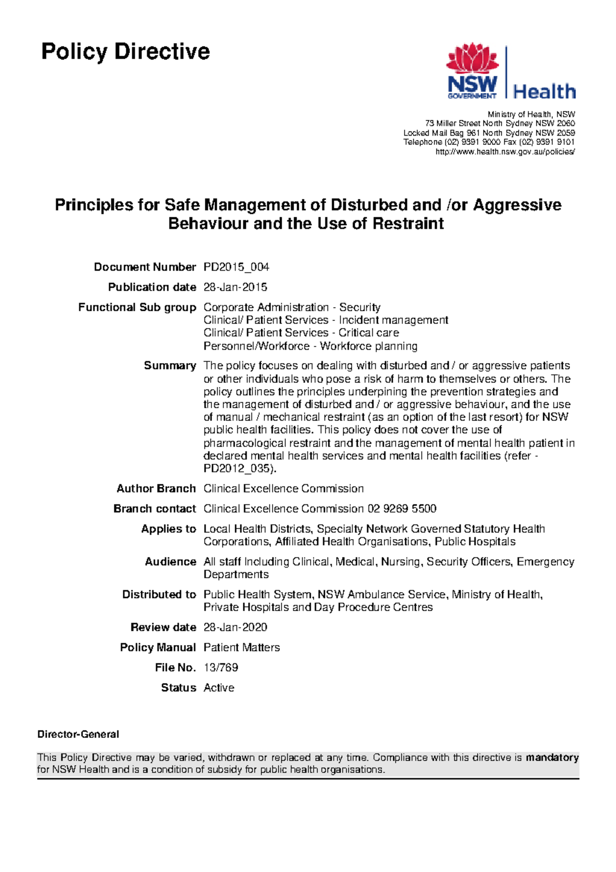 Aggression management - space space space space Policy Directive ...