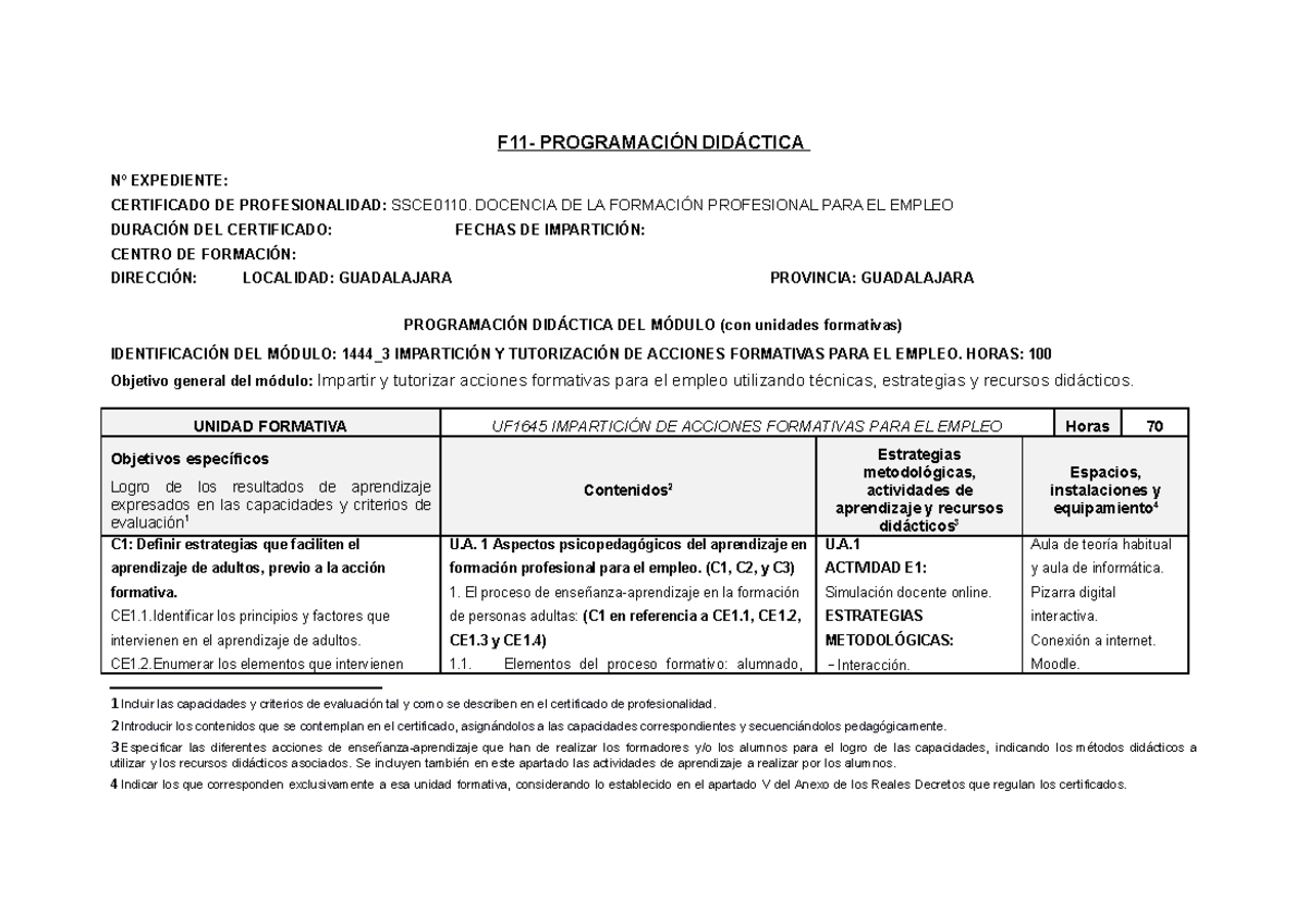 F11 con unidades formativas - F11- PROGRAMACIÓN DIDÁCTICA Nº EXPEDIENTE: CERTIFICADO DE - Studocu