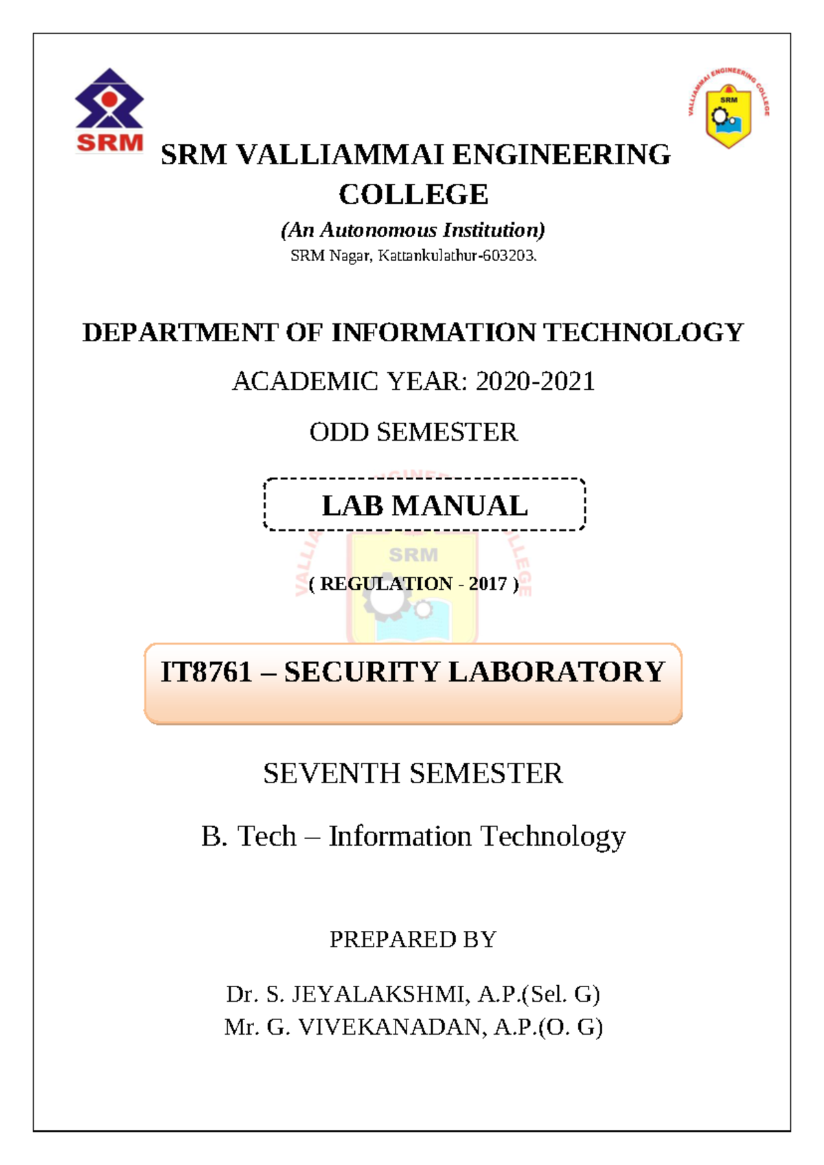 It8761 security lab manual - SRM VALLIAMMAI ENGINEERING COLLEGE (An ...