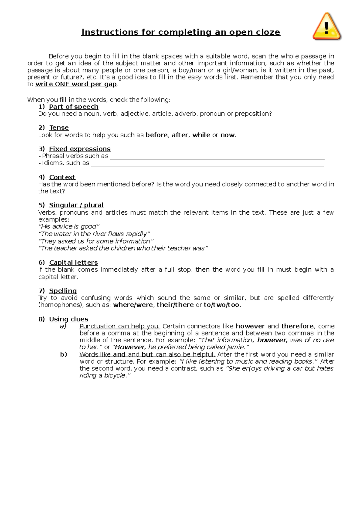 Exam practice Open cloze - Instructions for completing an open cloze ...