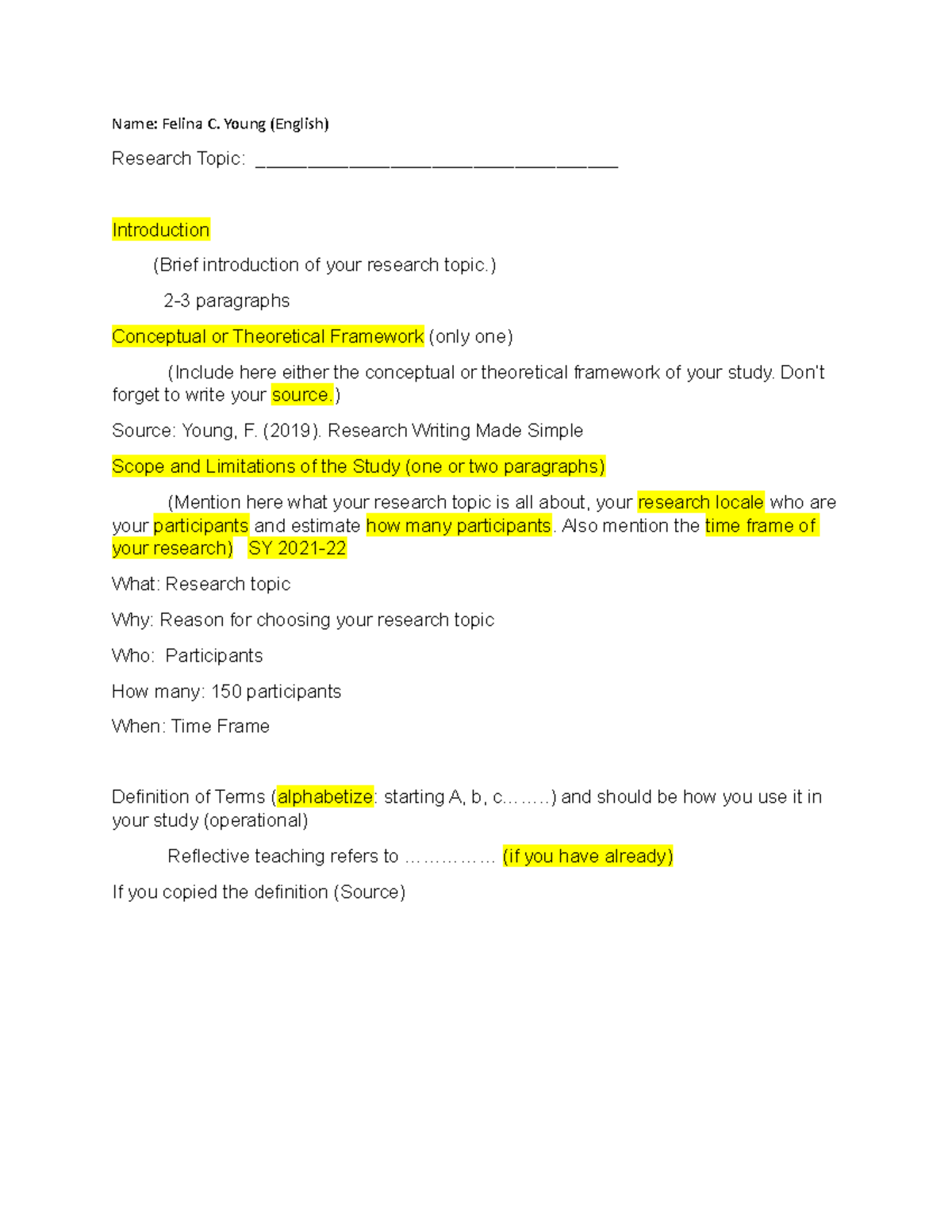 Research Template for Class - Name: Felina C. Young (English) Research ...