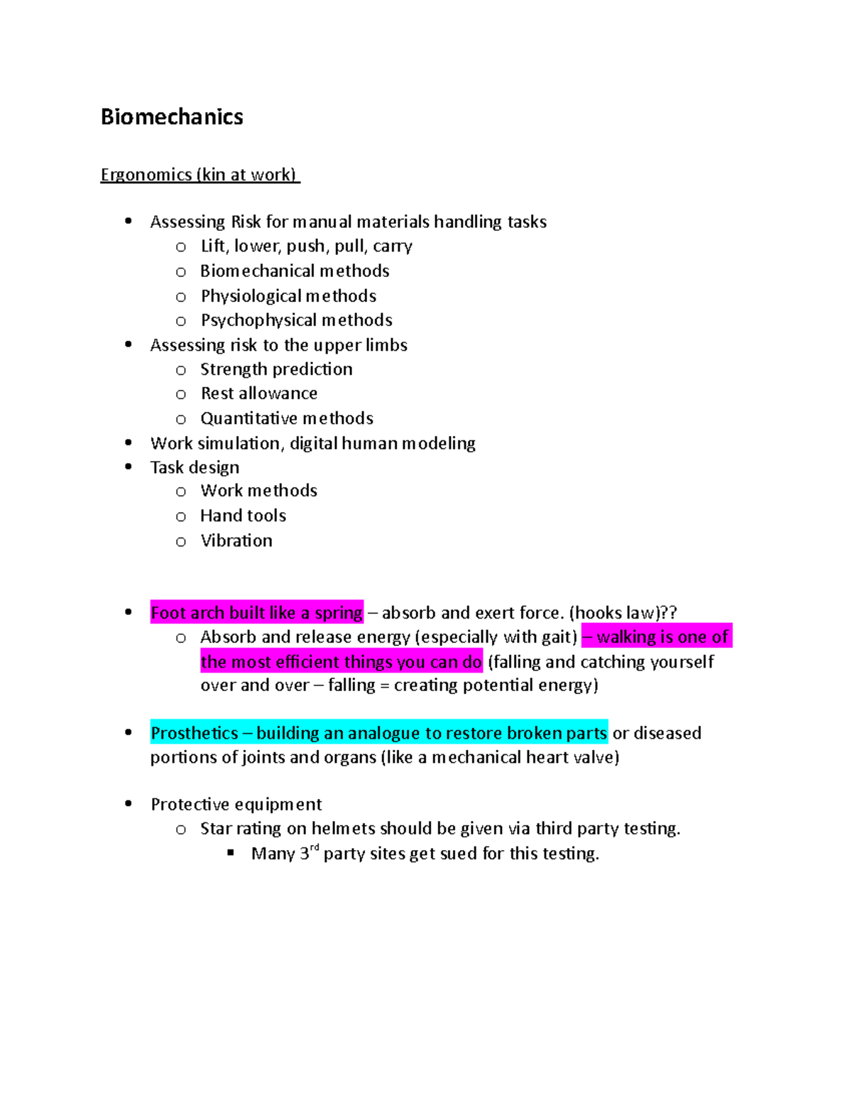Biomechanics - notes - Biomechanics Ergonomics (kin at work) Assessing ...