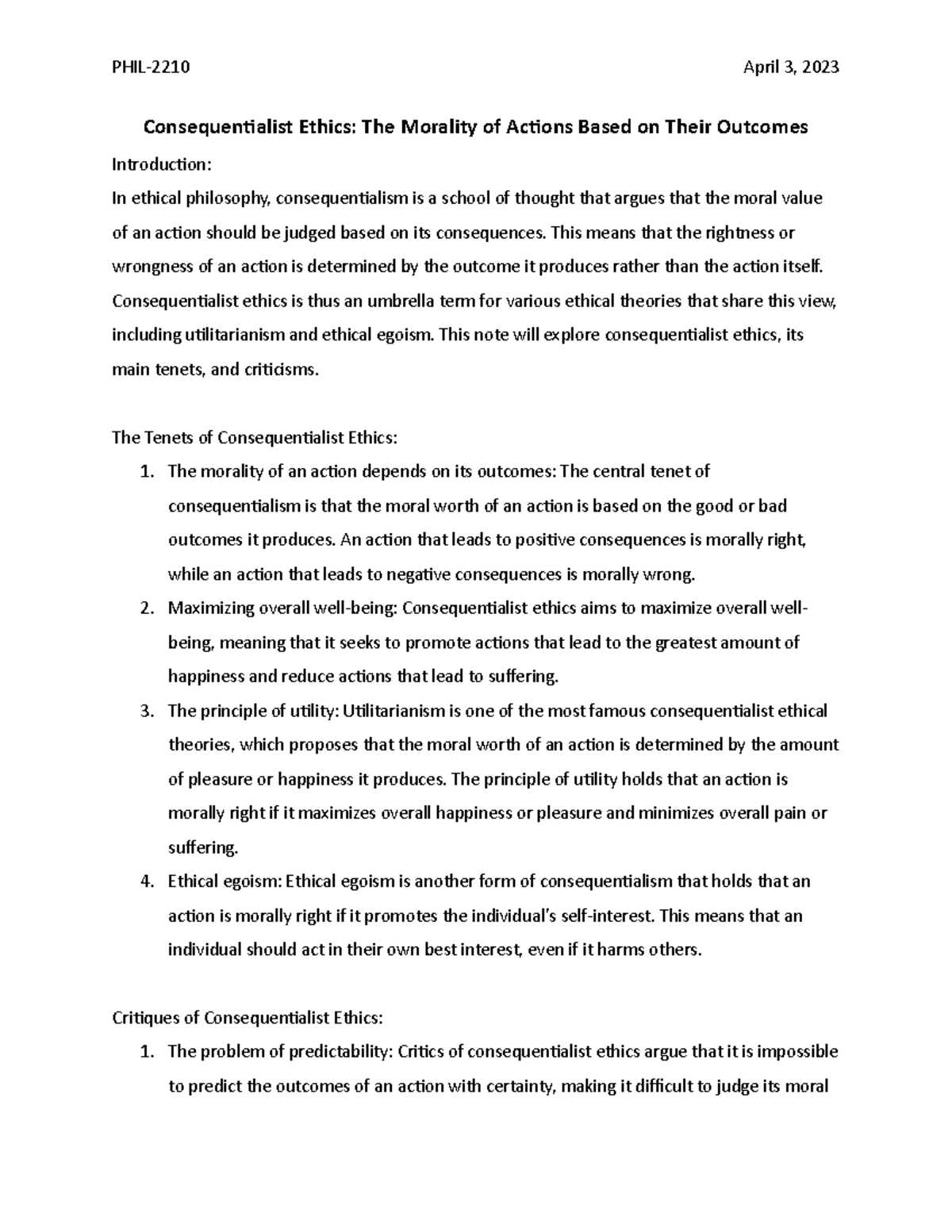 Consequentialist ethics - PHIL-2210 April 3, 2023 Consequentialist ...