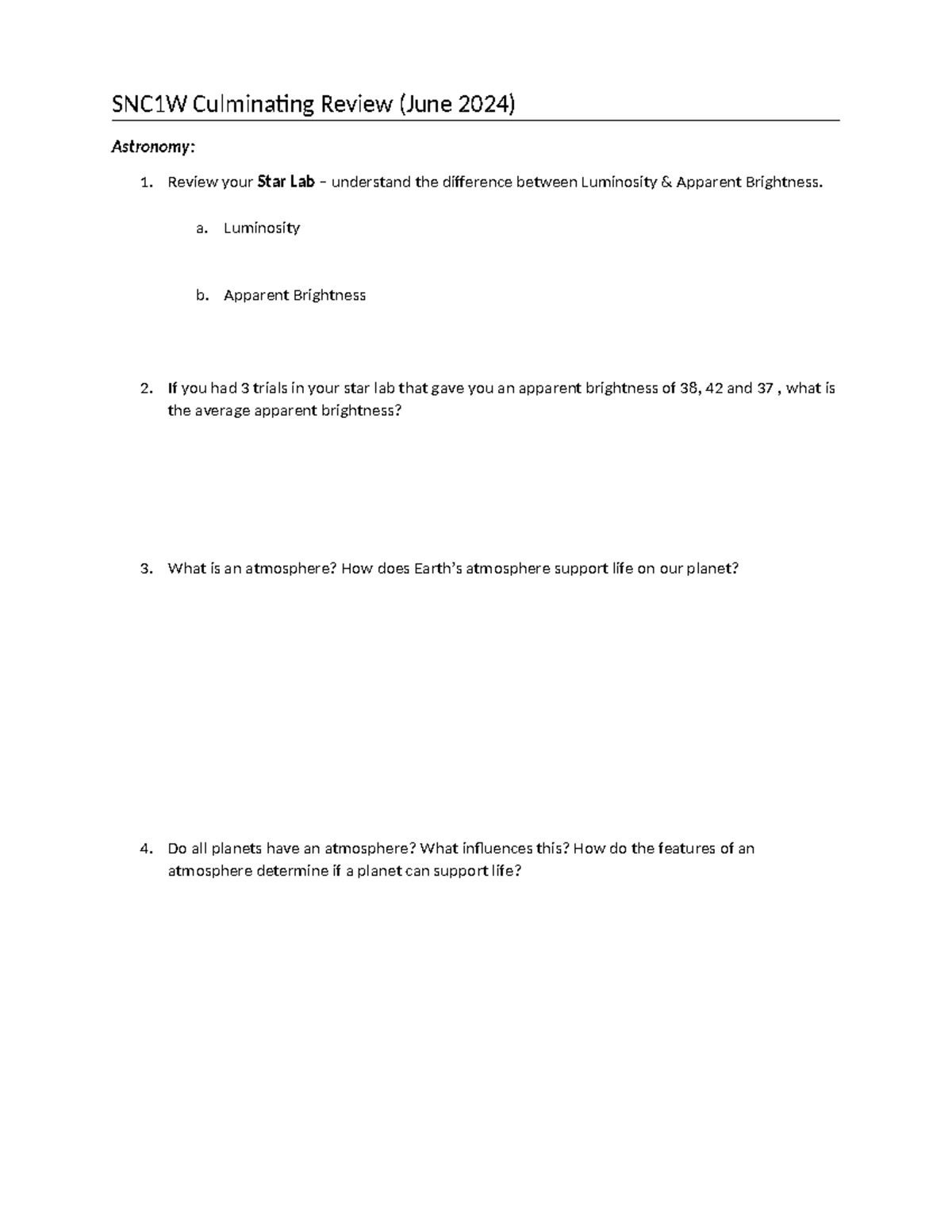 music theory 12 - SNC1W Culminating Review (June 2024) Astronomy: 1 ...