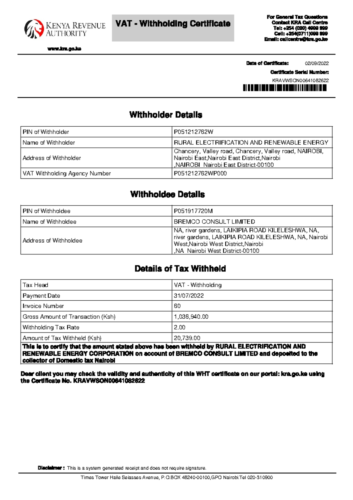 WHT Certificate For General Tax Questions Contact KRA Call Centre Tel