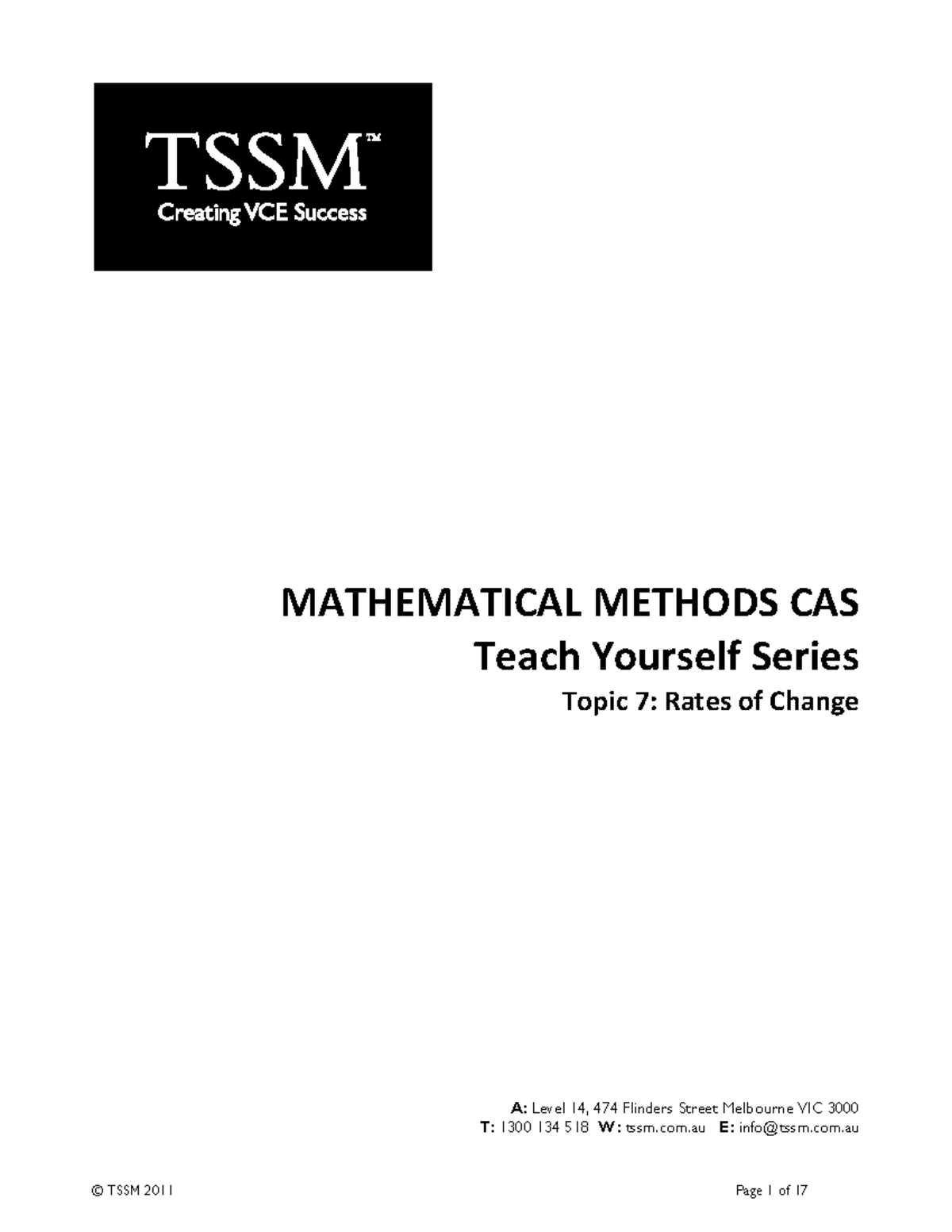 Tssm-topic-7 - Topic 7: Rates of Change - MATHEMATICAL METHODS CAS ...