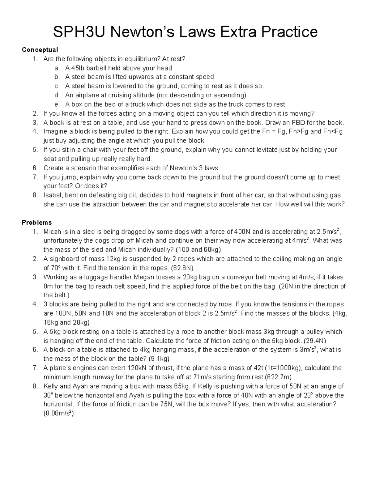 Chemistry Newton’s Laws - SPH3U Newton’s Laws Extra Practice Conceptual ...