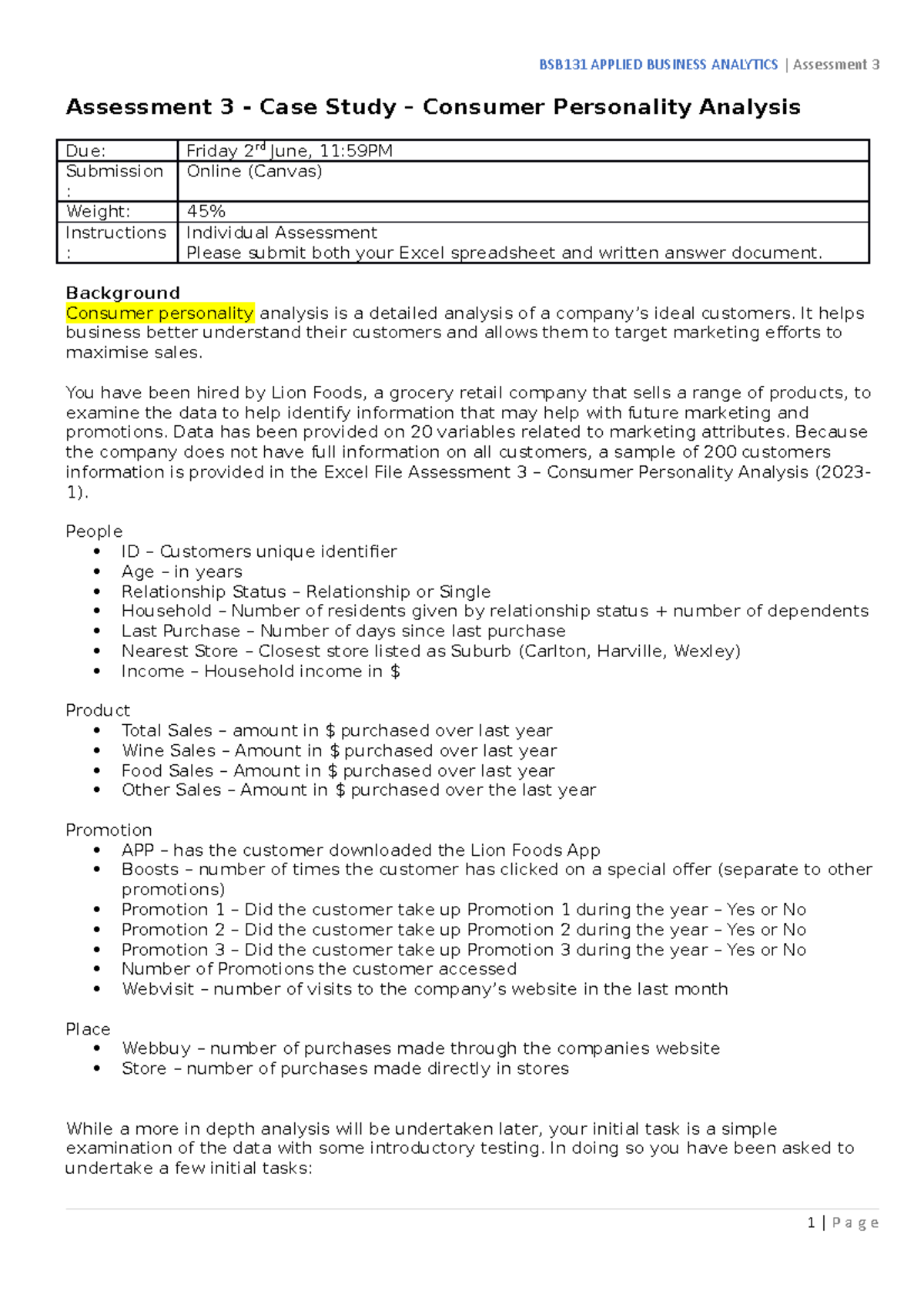 BSB131 Assessment Task 3 - Consumer Personality Analysis (2023-1) - BSB131 APPLIED BUSINESS ...